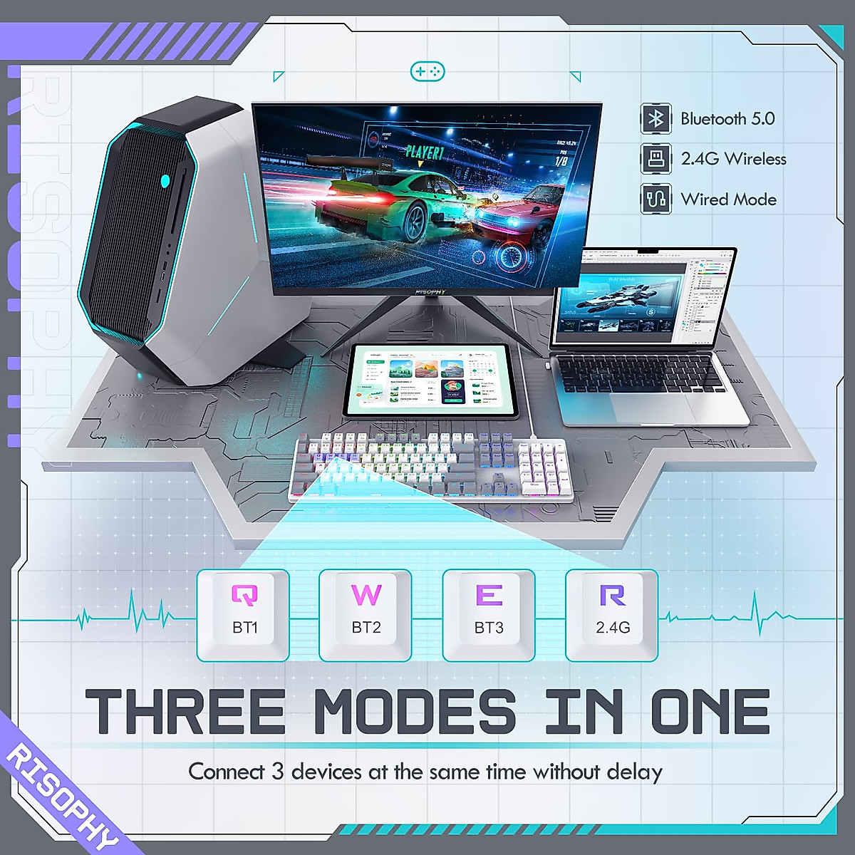 Wireless Mechanical Keyboard, Triple Mode 2.4G/USB-C/Bluetooth Gaming Keyboard, 104 Keys Programmable, Customize RGB Backlit, Red Switch, Bicolor PBT Keycaps, Rechargeable Wired Keyboard for Laptop PC