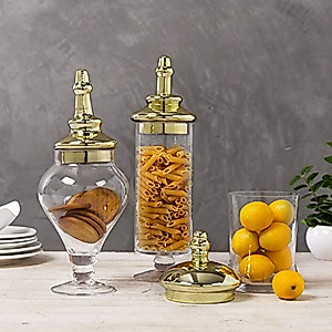 MyGift Set of 3 Antique Apothecary Style Glass Jars with Metallic Brass-Tone Lids