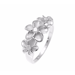 Arthur's Jewelry Sterling silver 925 Hawaiian 3 plumeria flower ring cz rhodium plated size 8