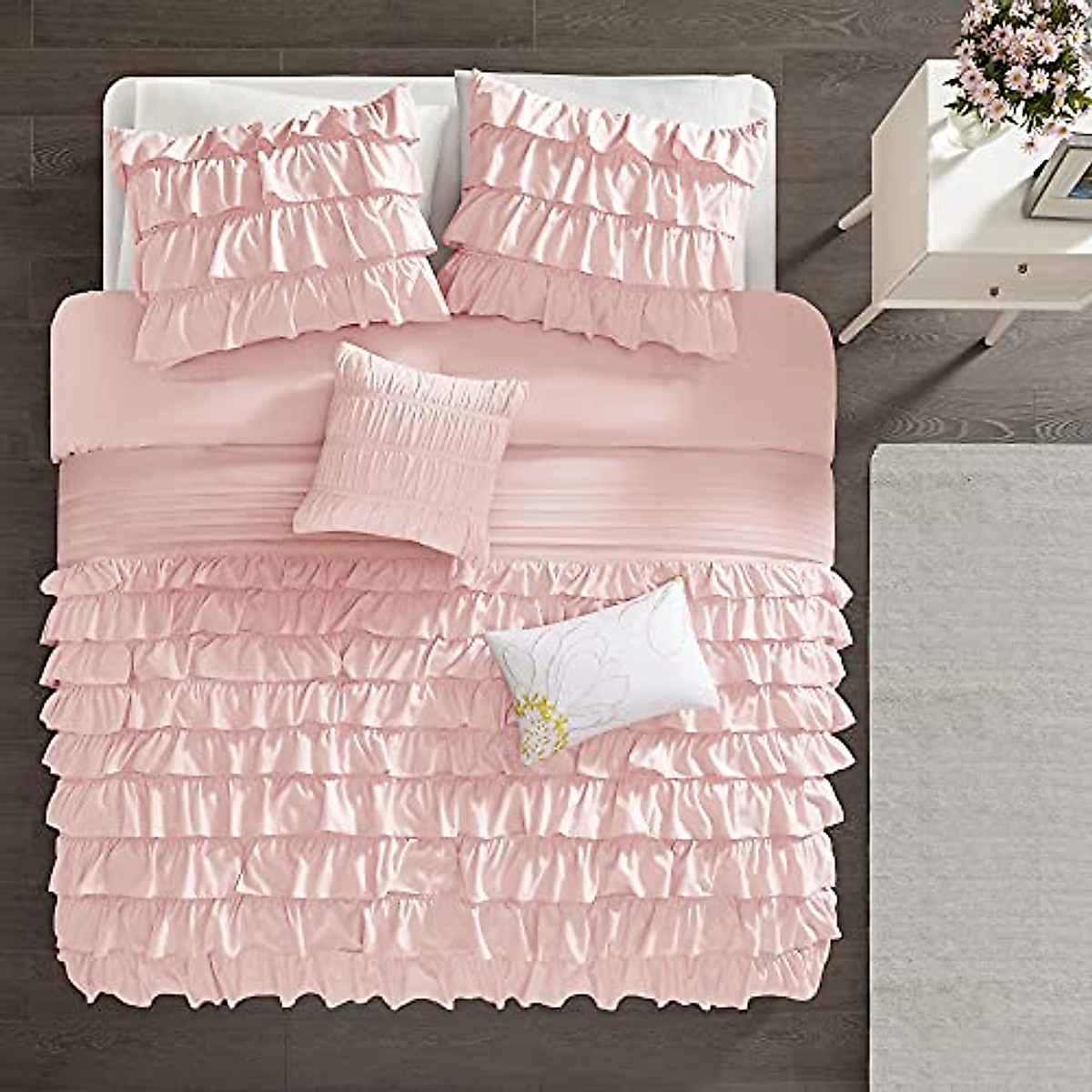 Intelligent Design Cozy Comforter Casual Waterfall Multi Layer Ruffle All Season, Hypoallergenic Cover, Soft Bedding Set with Matching Sham, Decorative Pillow, Twin/Twin XL(68"x90"), Blush