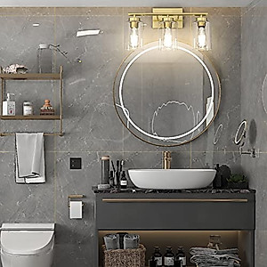 Gold Bathroom Light Fixtures, Modern Bathroom Vanity Light with Clear Glass Shade, 3 Lights Brushed Brass Bath Wall Mount Lights, Gold Wall Sconce for Kitchen Bedroom Hallway Living Room Hallway