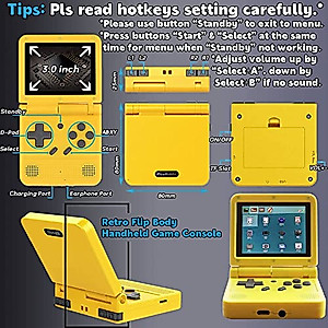 V90 Retro Clamshell Game Console 3 Inch IPS Screen Open System Handheld Game Console Built-in Rechargeable Battery Portable Style Handheld Gaming Video Console System with Case (Yellow, 64G)