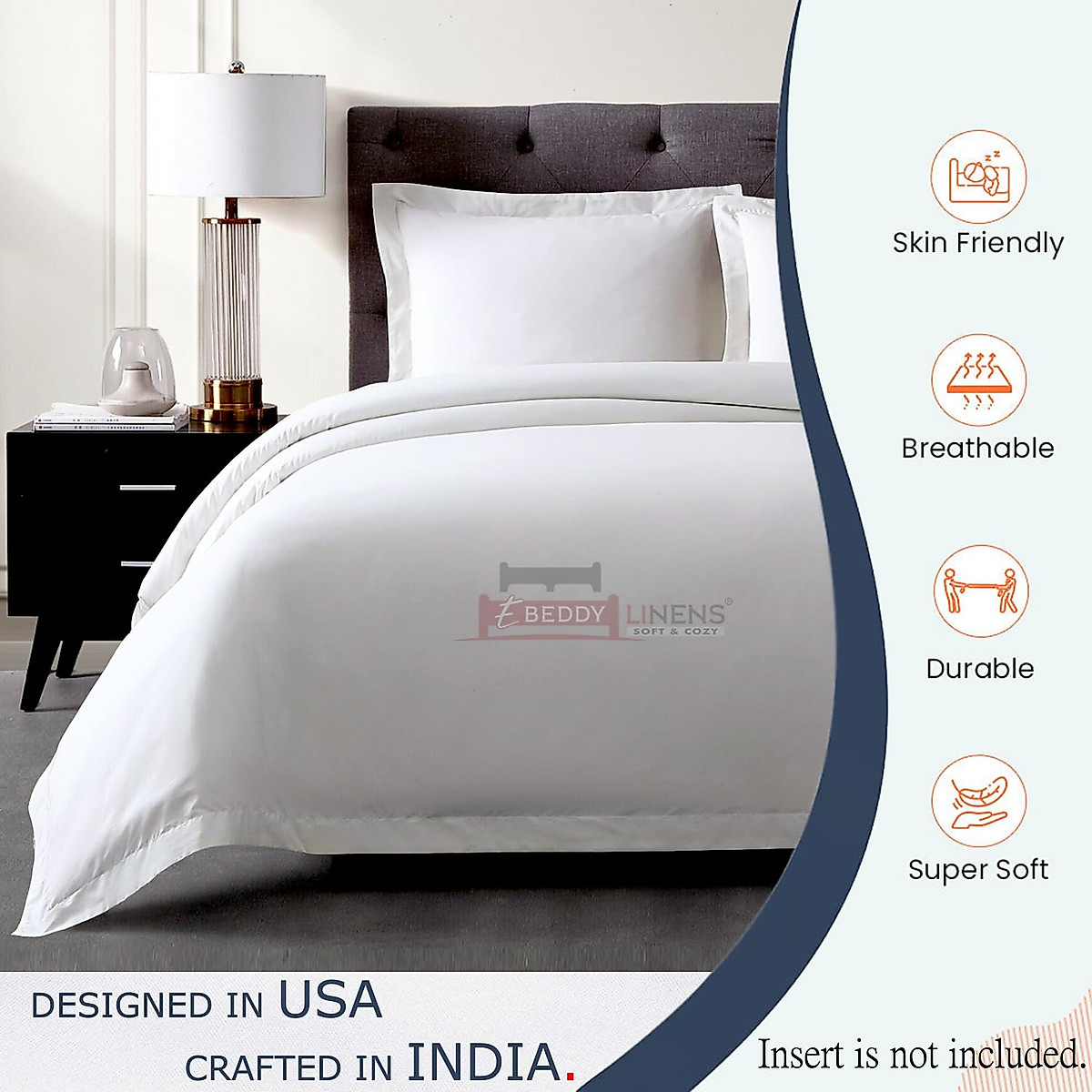 eBeddy Linens White Solid Duvet Cover Set Super King 98x108 Size Egyptian Cotton Luxury Soft & Breathable Comforter Cover with Hidden Zipper Closer & Corner Ties Durable and Fade Resistant