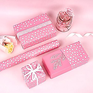 WRAPAHOLIC Reversible Wrapping Paper - Mini Roll - 17 Inch X 33 Feet - Light Pink and Delicate Polka Dots Design for Birthday, Holiday, Wedding, Baby Shower