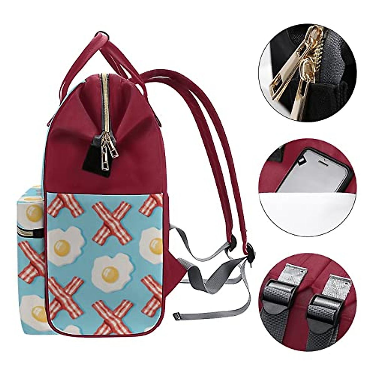 Eggs Bacon Diaper Bag Backpack Large Capacity Mommy Bags Multifunction Nappy Bag Travel Back Pack Red-Style
