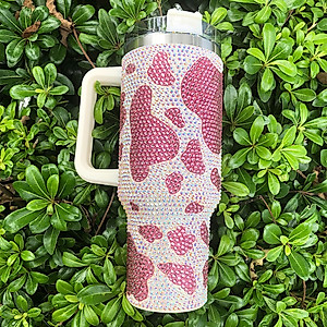 Cupcupmore 40oz Pink Cow Bling Rhinestone Stainless Steel Sippy Tumbler Glitter Vacuum Insulated Water Bottle with Straw & Lid & Handle,Thermos for Hot & Cold Drinks,Car Cup Holder,Coffee