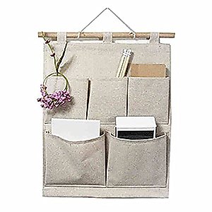 KINGREE Over The Door Magazine Storage Pockets, Wall Door Closet Hanging Storage Bag Organizer, (5 Pockets-Nature)