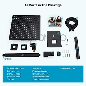 gotonovo Ceiling Mount Shower Faucet Set Matte Black 12 Inch Square Showerhead Bathroom Rainfall Shower System Stainless Steel Shower Trim Kit 2 in 1 Cylindrical Handheld shower with Rough-in Valve