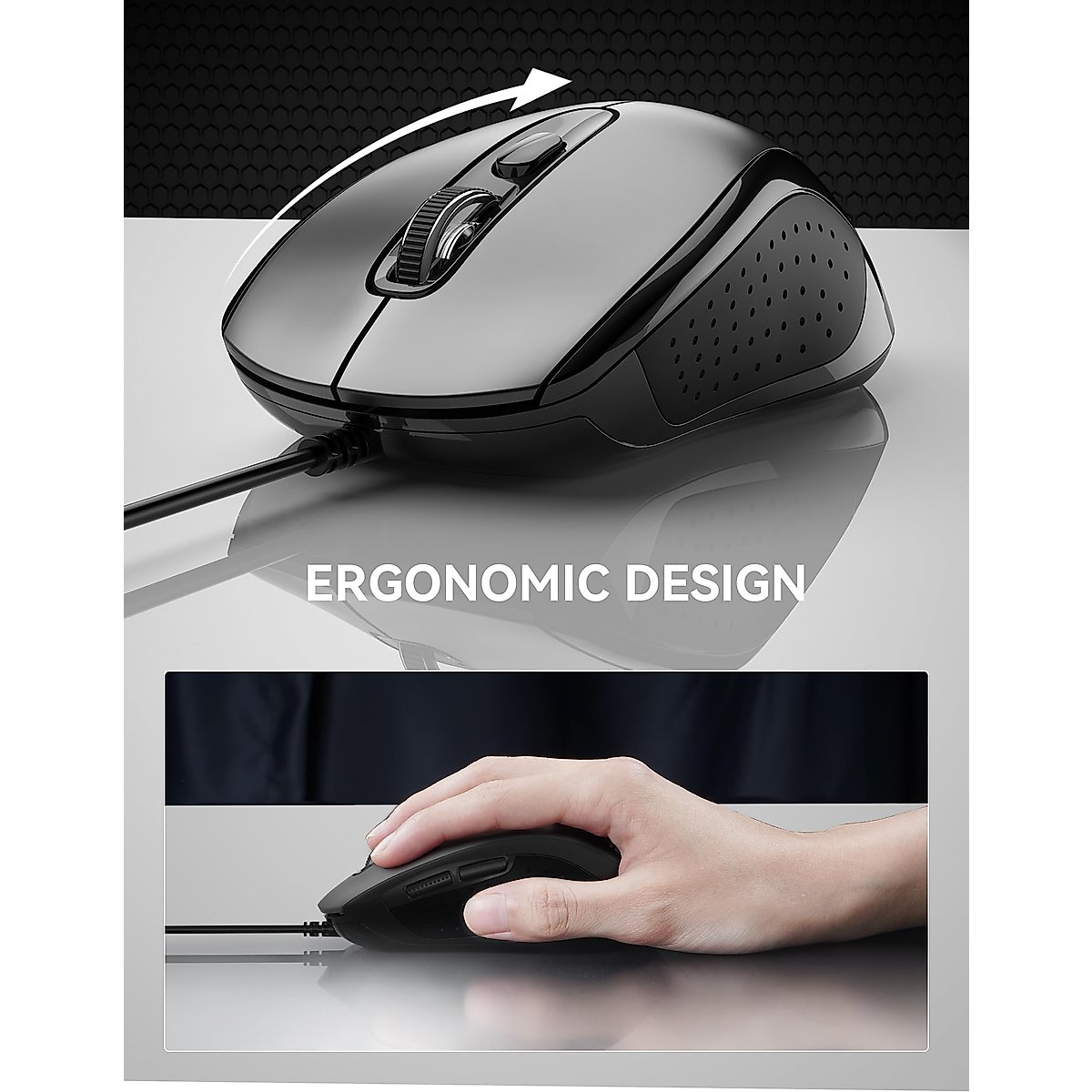 TECKNET Computer Wired Mouse, USB Mouse Wired for Laptop with 6-Button, 3600DPI Optical PC Wired Mouse, Home and Office 5FT USB-A Corded Comfortable Mouse, Plug & Play, NO Battery Required-Grey