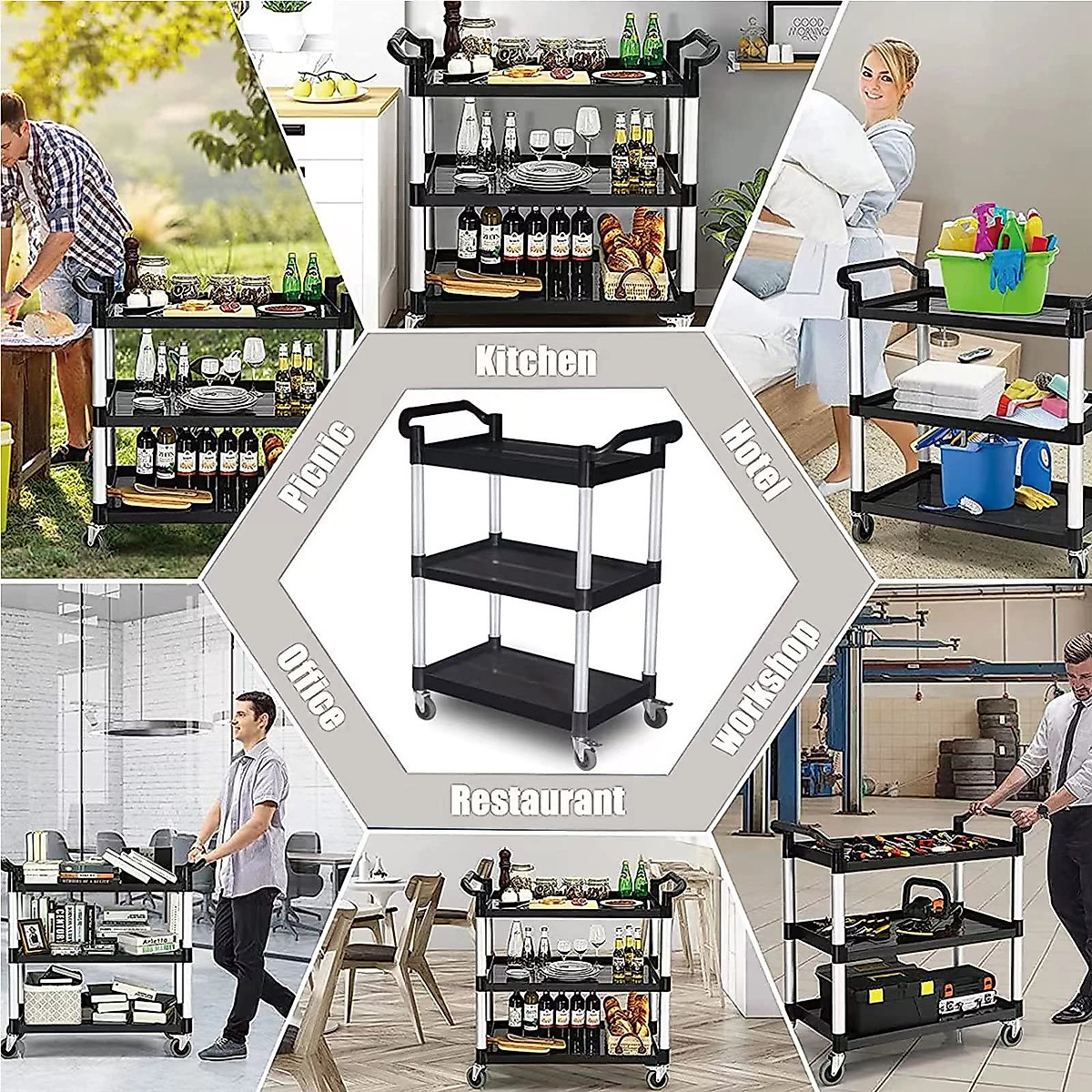 IMGZAR Utility Carts with Wheels Rolling Cart Heavy Duty Food Service Cart for Kitchen Warehouse Office, Free Rubber Hammer, Lockable Wheels, 500 Lbs Capacity 31.5''L X 17''W X 38''H Black