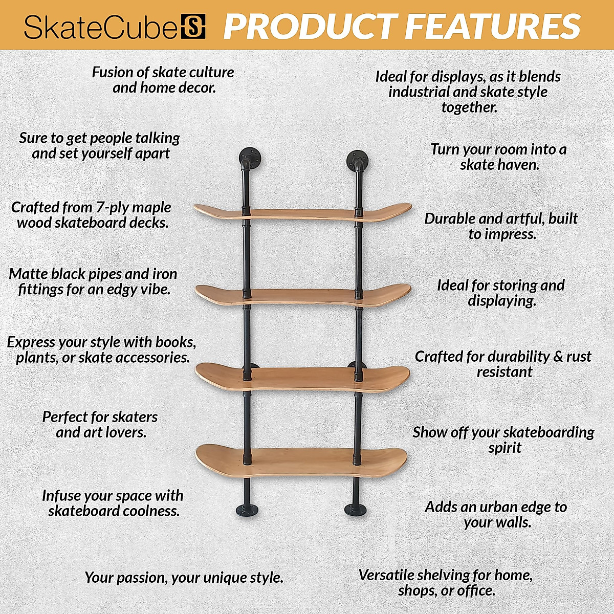Industrial Shelves - 4 Tier Industrial Decor Pipe Bookcase Using 7 Ply Skateboard Decks - Natural Wood Stain Finish - Perfect Bathroom Wall Decor, Book Shelf for Skateboard Enthusiasts