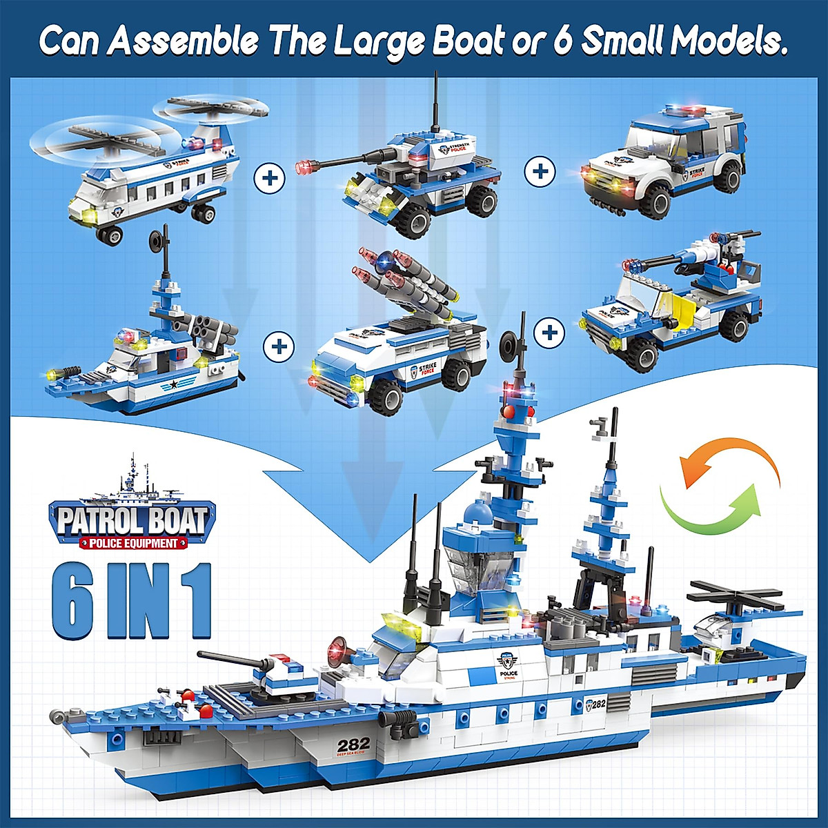 EP EXERCISE N PLAY 1169 Pieces Police Ship Building Blocks Kit with Cop Car Helicopter Patrol Boat for Boys and Girls Age 6-12