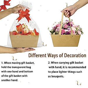 Baskets For Gifts Empty, Kraft Basket With Handles Gift Basket Kit With 5 Baskets, 5 Shrink Wrap Bags and 5 Bows, Gift Basket Empty To Fill Bulk For Wedding Birthday Party Christmas Valentines Holiday