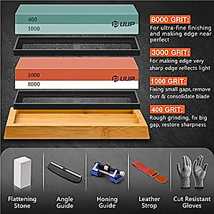 9PCS Knife Sharpening Stones, UUP Whetstone Sharpener Kit with Premium 4 Sides 400/1000 3000/8000 Grit Wet Stone Set, Leather Strop, Angle Guide, Flattening Stone, Gloves, Honing Guide for Knives