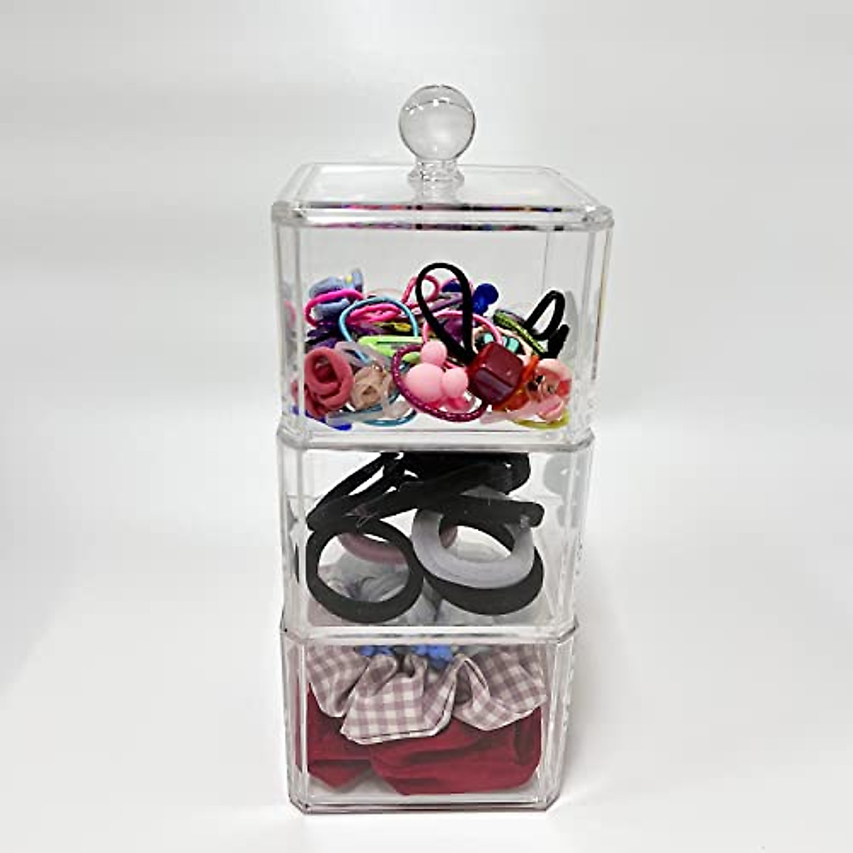 ZEQIDOU Hair Accessories Organizer, Hair Organizer Storage, Acrylic Headbands Holder, Hair Tie,Hair Tools,Scrunchie Storage Organizer, Clear 3 Stackable Holder with Lids for Organizing