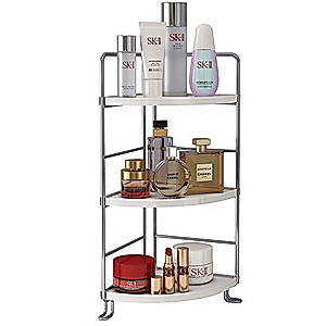 KINGBERWI 3-Tier Corner Spice Rack Kitchen Bathroom Countertop Organizer Vanity Tray Cosmetic Makeup Storage Standing Shelf, Silver