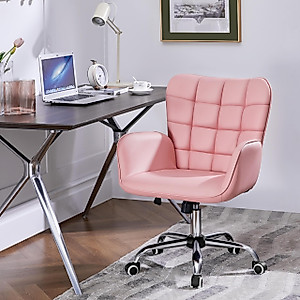 Yaheetech Faux Leather Office Chair Modern Vanity Chair Ergonomic Adjustable Makeup Chair with Padded Armrests Big Seat for Office, Study, Home, Pink