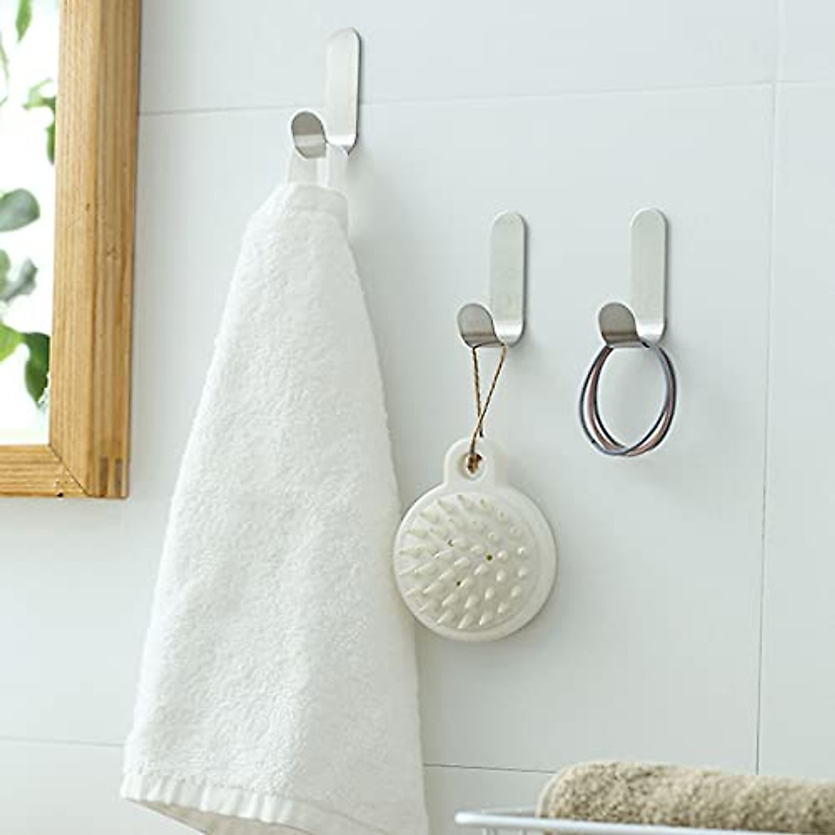 Adhesive Hooks, Kitchen Hooks,Wall Hooks Heavy Duty Stainless Steel Wall Hooks Adhesive for Hanging Jackets, Kitchenware, Bathrobes, Bath Towels, Coat, Bag, Party Light Strip (20 pcs, Silver)