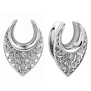 Casvort 2 PCS 10mm (00g) Hypoallergenic 316 Stainless Steel Silver Floral Saddle Hangers Tunnels Reverse Saddle Gauges Piercing Body Jewelry