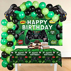Happy Birthday Game on Level up Green Extra Large Fabric Sign Poster Background Banner 2pcs Waterproof tablecloths and 50pcs Metallic Shiny Latex Balloons for Game Theme Birthday Party Decoration