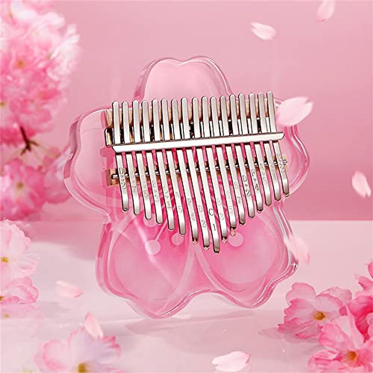 LKJYBG 17-Tone Kalimba with Piano Box,Cherry Blossoms Shape Thumb Piano Acrylic Finger Piano Gifts with Tune Hammer Study Instruction Digital Audio Tone Key Sticker for Kids and Adults Beginners