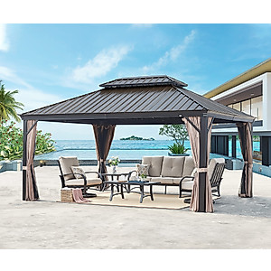 Iwicker 12' x 16' Hardtop Permanent Aluminum Gazebo with Mosquito Netting and Polyester Curtain