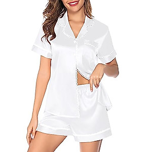 SWOMOG Mommy and Me Pajamas Womens Pajama Sets Satin Silk Pjs 2 Piece Short Sleeves Lace Lounge Shorts Button Up Pj Sleepwear White