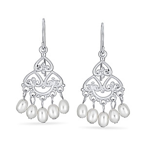 Boho Ethnic Indian Style White Freshwater Culture Pearl Fringe Chandelier Earrings Western Jewelry For Women Teen .925 Sterling Silver Fish hook