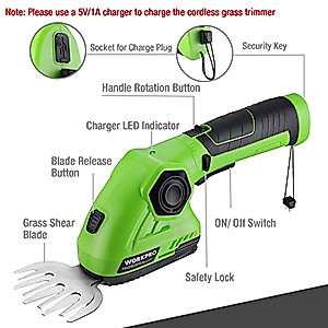 WORKPRO Cordless Grass Shear & Shrubbery Trimmer - 2 in 1 Handheld Hedge Trimmer 7.2V Electric Grass Trimmer Hedge Shears/Grass Cutter 2.0Ah Rechargeable Lithium-Ion Battery and USB Cable Included