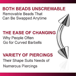 bodyjewellery 4pcs 14g Curved Barbell Septum Cartilage Earring Eyebrow Nose Lip Tragus Rook Daith Conch Stud Steel 4mm Spike - 8mm