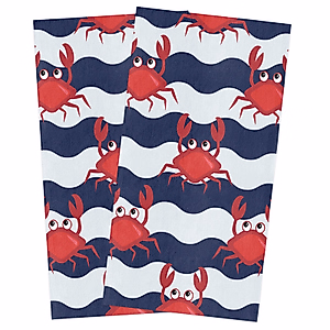 Kitchen Dish Towels 2 Pack-Super Absorbent Soft Microfiber,Cartoon Crab on Stripes Cleaning Dishcloth Hand Towels Tea Towels for Kitchen Bathroom Bar