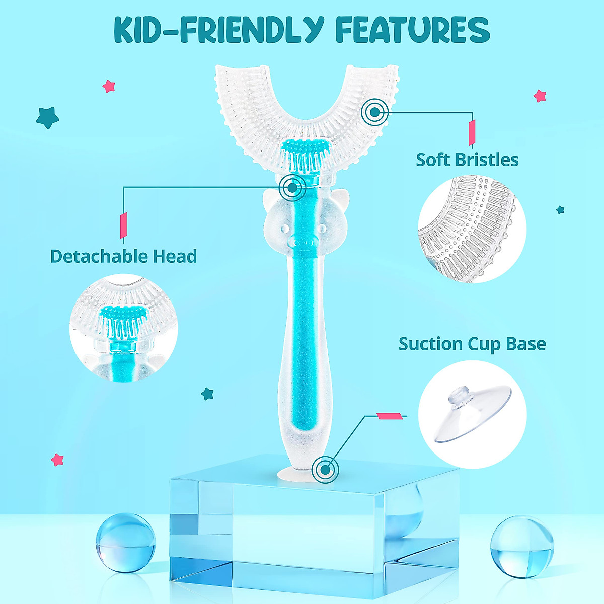 Set of 2 U-Shaped Toothbrushes for Kids with Suction Cup Whole Mouth 360 Cleaning Toothbrushes with Suction Cup Manual Toothbrush for Toddlers 2-6 Silicone Food Grade for Sensitive Teeth Large Blue