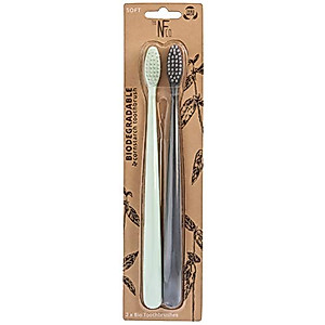 The Natural Family Co. Bio Toothbrush, Soft Nylon Bristles with Non GMO Cornstarch Handles, Plastic Free Packaging and Rivermint and Monsoon Mist Twin Pack