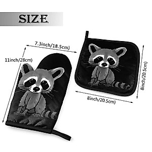 VGFJHNDF Cartoon Cute Raccoon Oven Mitts and Pot Holders Set,Heat Non-Slip Resistant Waterproof Gloves for Kitchen Cooking Baking,BBQ,Grilling