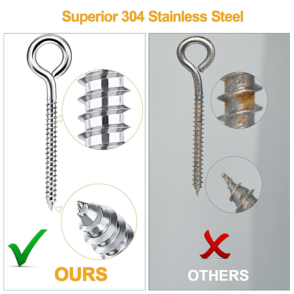 Eye Hooks Screw in Heavy Duty，304 Stainless Steel Eye Bolt，3.5 Inches Long Eye Screws Ring ，Swing Hooks for Hammock Stand, Swings Chair,Yoga , Indoor & Outdoor，Self Tapping Screws 4 Pack