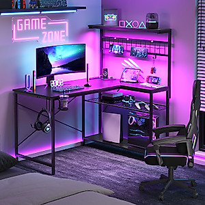 Bestier 42 L Gaming Desk,Computer Desk with Power Outlets, LED Lights, Reversible Corner Desk with 4-Tier Shelves,Cup Holder & Hook Carbon Fiber Black