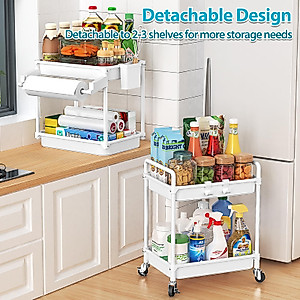 SPACEKEEPER Rolling Storage Cart, 4-Tier Bathroom Organizer Utility Cart Laundry Room Organization Mobile Shelving Unit with Towel Rack, Lockable Wheel, Hooks & Cup for Kitchen Bedroom Office, White
