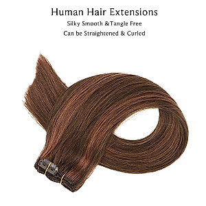 Clip in Hair Extensions, Chocolate Brown to Auburn Clip in Hair Extensions Real Human Hair Clip ins, 18 Inch 7 Pieces 70G Double Weft Straight Remy Human Hair Clip in Extensions