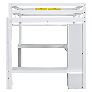 THINK 30 Full Size Loft Bed Frame with L-Shaped Desk, Wardrobe and Storage Shelves, Multifunctional Wood Loft Bed with Desk & Stairway for Kids Boys Girls Teens (White, Full)