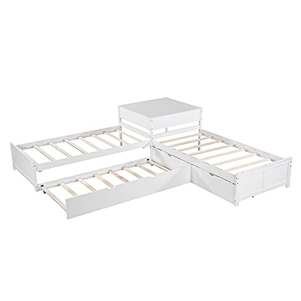 P PURLOVE L Shaped Twin Platform Bed with 2 Drawers, Wooden Platform Bed Frame with Trundle, Platform Bed with Built-in Square Table, Easy Assembly, No Box Spring Required, White