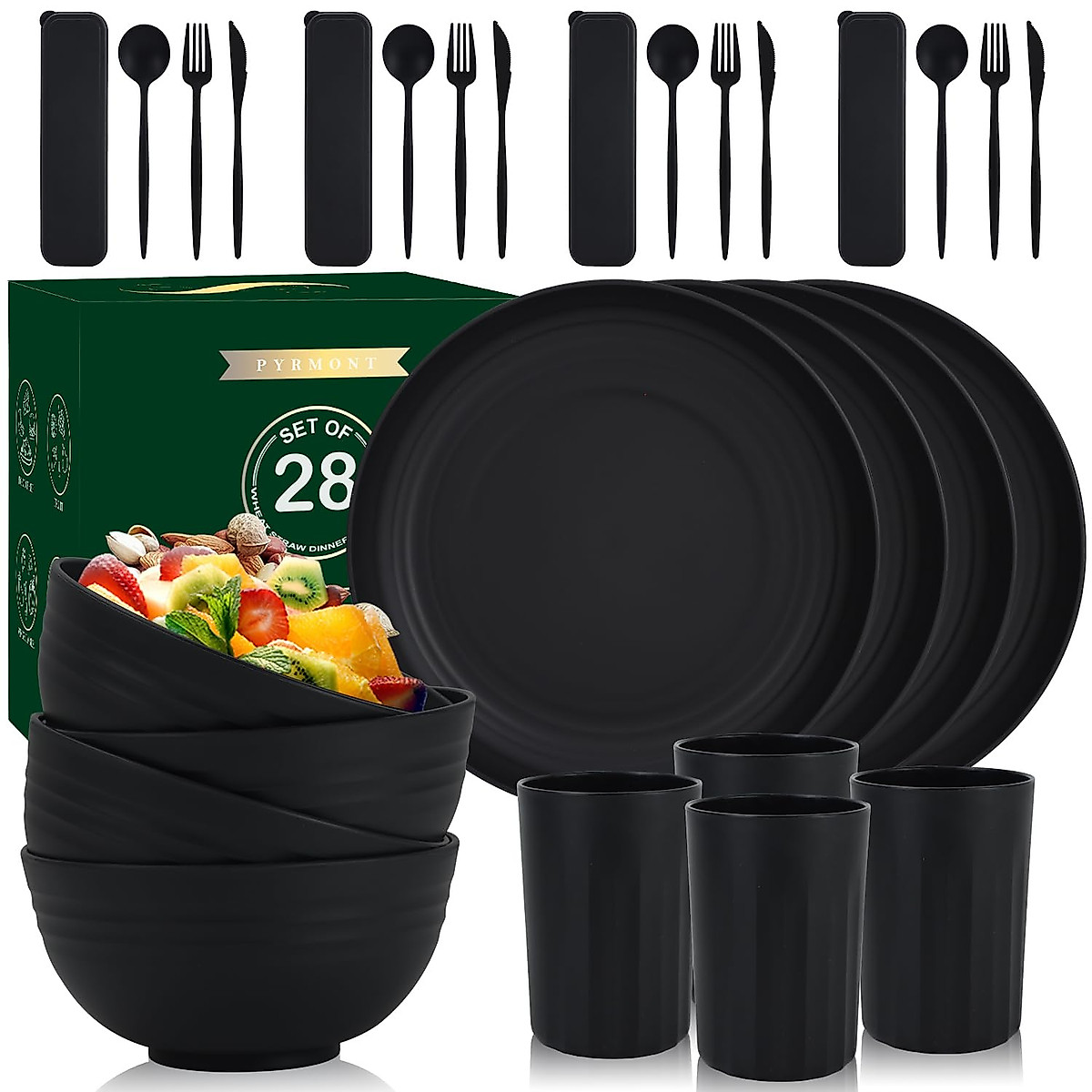 28-Piece Wheat Straw Dinnerware Sets, Microwave & Dishwasher Safe Unbreakable Dinnerware Set, Reusable Dishware Sets, Lightweight Camping Dishes, Plates, Cups, Cereal Bowls for 4（Black）