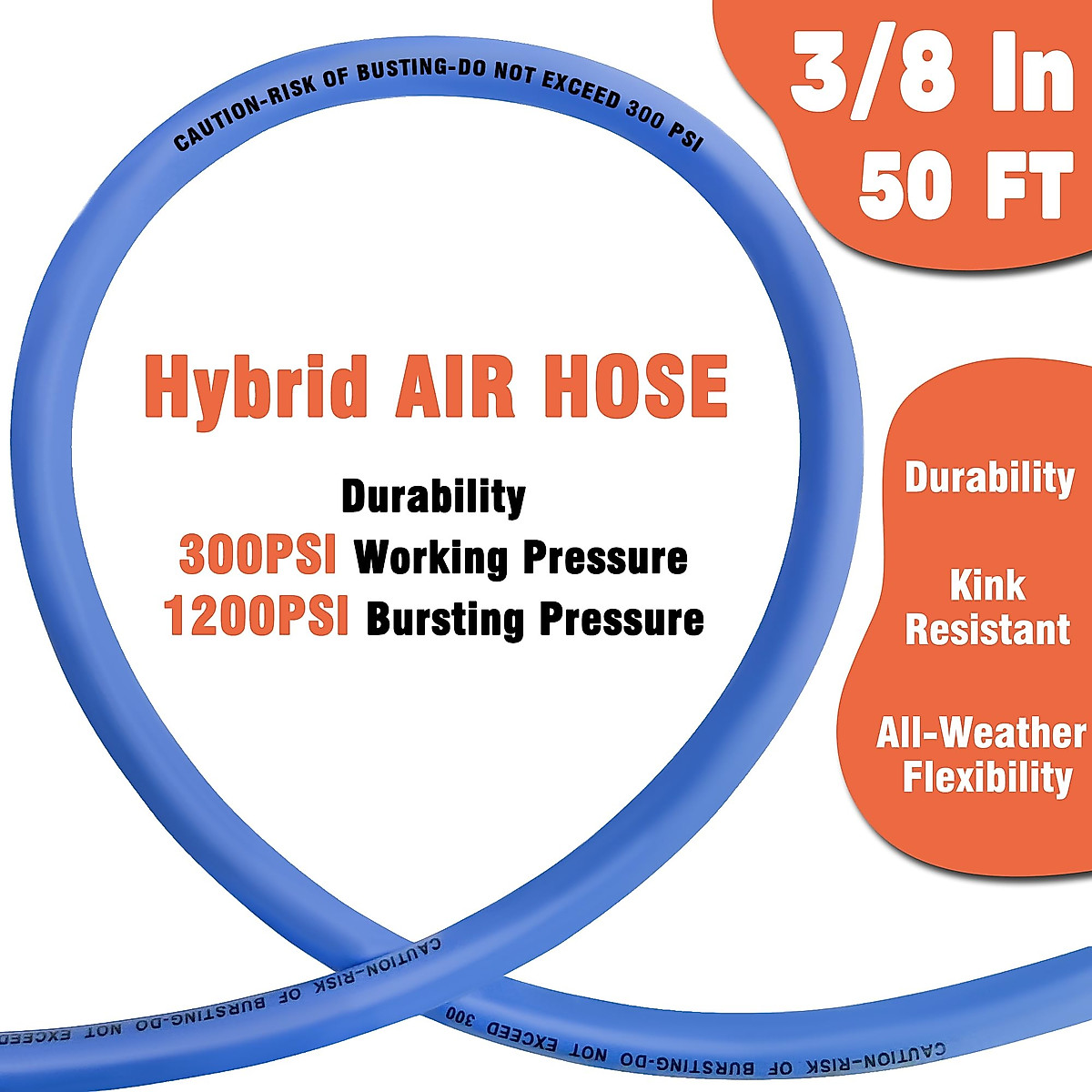 Air Compressor Hose 3/8 in x 50 ft, 300 PSI Heavy Duty Hybrid Air Hose with Quick Coupler and Plug Kit, Lightweight, Kink Resistant, All Weather Flexibility with Bend Restrictors, Blue