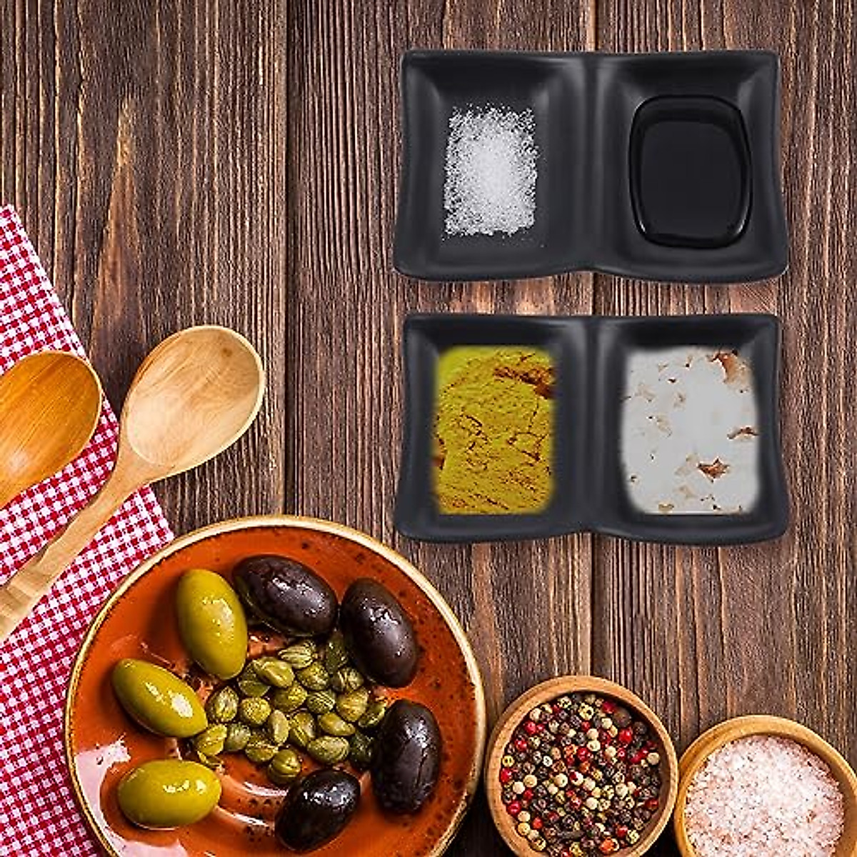 DOITOOL Japanese Serving Tray 2Pcs Dual Dipping Bowls Melamine Sauce Dishes Divided Soy Sauce Dishes Sushi Dipping Plates BBQ Sauce Food Containers