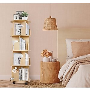 tonchean 4 Tier Rotating Bookshelf Tower,Wood Revolving Bookcase with Wheels Vertical Kids Toddler Bookshelf with Storage,Corner Display Bookshelf Rack for Library Study Office Living Room