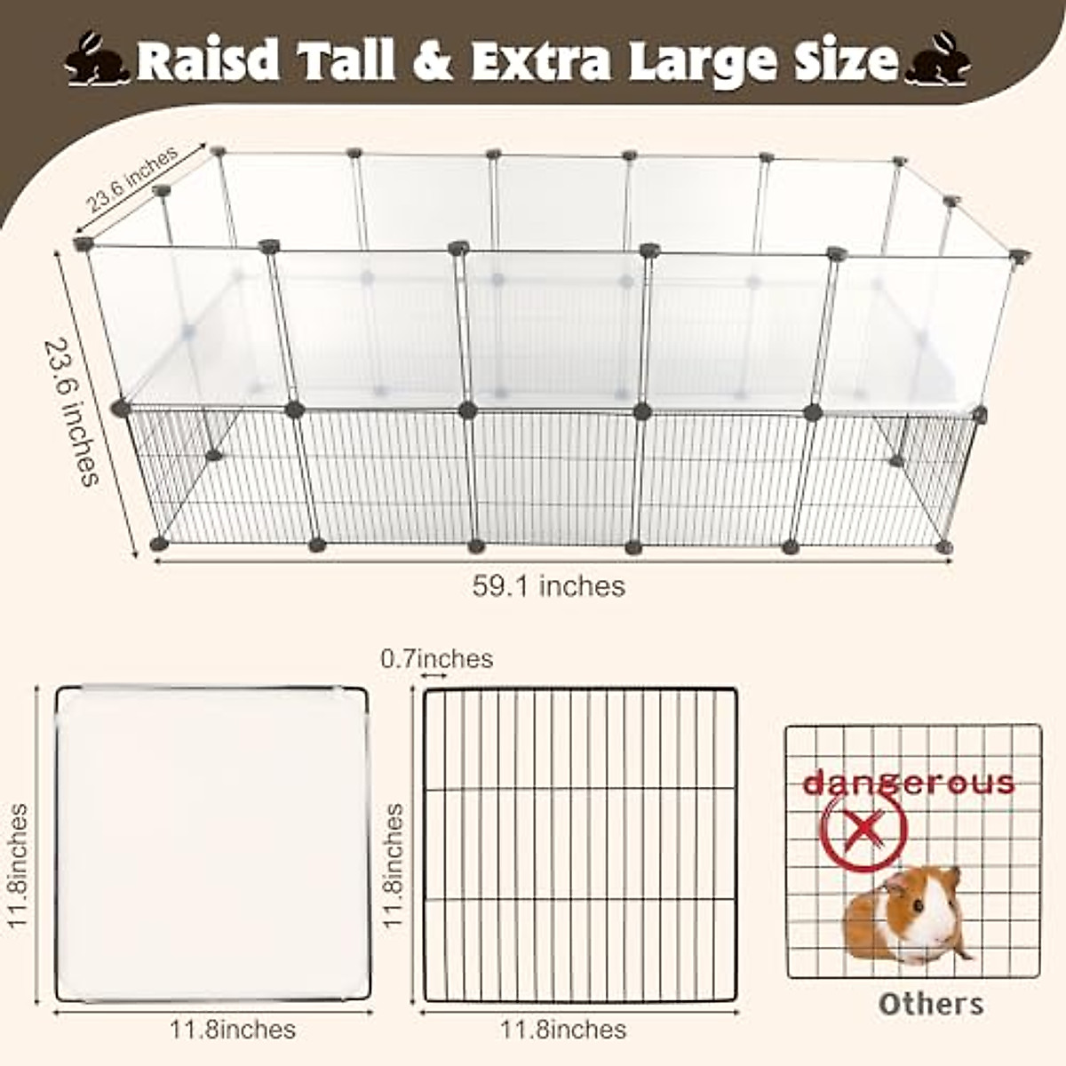 FHTONGE Extra Large Rabbit Playpen Indoor, 11 Sq Ft C&C Guinea Pig Cage Habitat, Small Animal Playpen Raised Guinea Pig Playpen for Chinchilla Hamster Hedgehog Ferret Puppy Kitten Rat Bunny