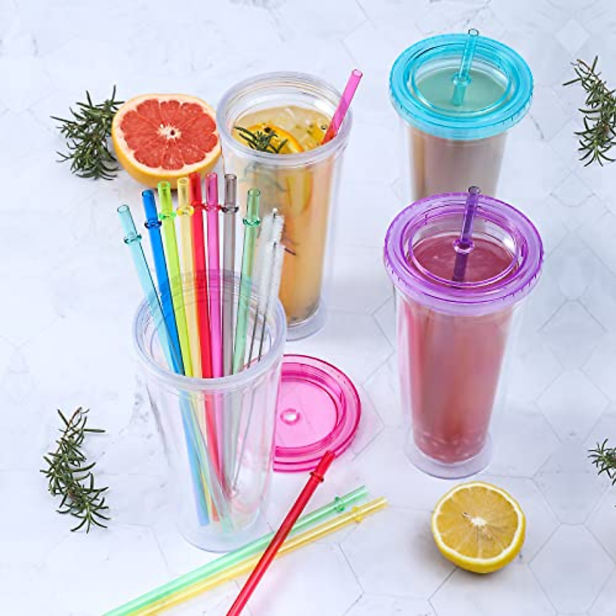 24 PCS, Reusable Straws with 4 Cleaning Brushes, 10.5" Long Tritan Hard Plastic Straws, 12 Colors Translucent Replacement Drinking Straws for 16OZ-32 OZ Tumblers, Cups, Jars, YETI, Starbucks, BPA Free