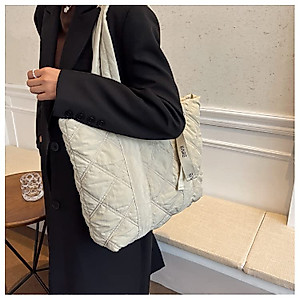 Women Puffer Bag Quilted Puffy Tote Bag Lightweight Cotton Padded Shoulder Bag Trendy Hobo Hippie Down Handbag (Beige)
