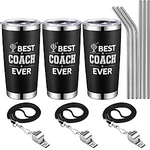 Didaey 3 Sets Coach Gifts Best Coach Ever, 20 oz with Whistle and Straws, Stainless Steel Travel Tumbler Coffee Mug Appreciation Thank You Gift Graduation Gift for Basketball Soccer Softball Coach