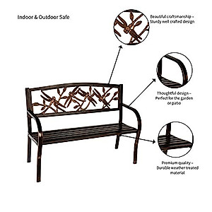 Evergreen Weatherproof Dragonfly Outdoor Bench | Holds Up to 300 lbs | Furniture for Lawn Garden Patio Porch Park Deck | Steel | Bronze