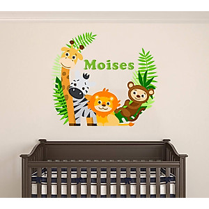 Jungle Animals Custom Name Wall Decal - Baby Safari Animals Series Theme Wall Art Decal - Wall Decal for Nursery Bedroom playroom Decoration (Wide 15"x13" Height)